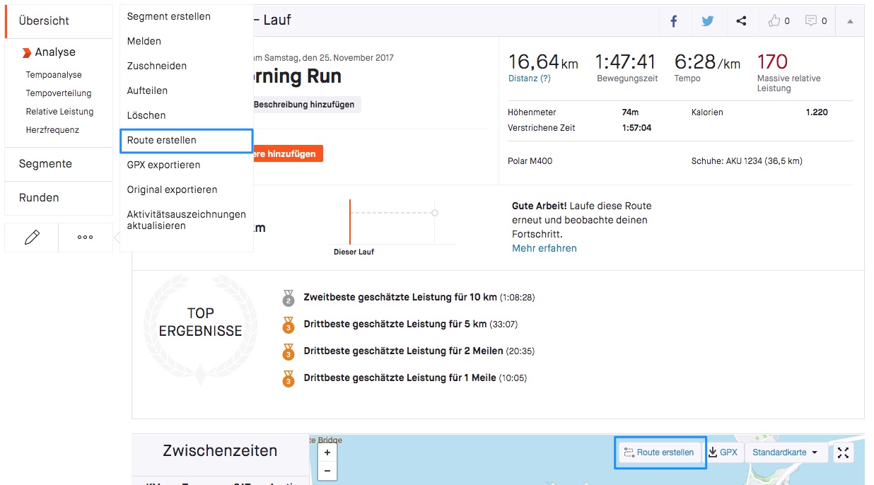 Routen im Web – Strava-Support